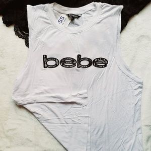 bebe | Tops | Nwt Bebe Black Lace White Muscle Workout Tee | Poshmark